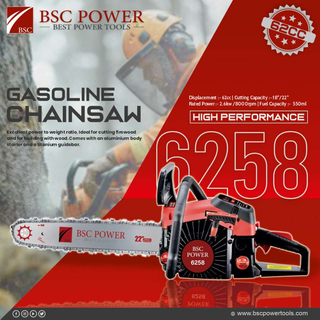 BSC Power Petrol Chainsaw BSC6258 with 550 ml fuel capacity and Automatic Chain – BSC Power Tools