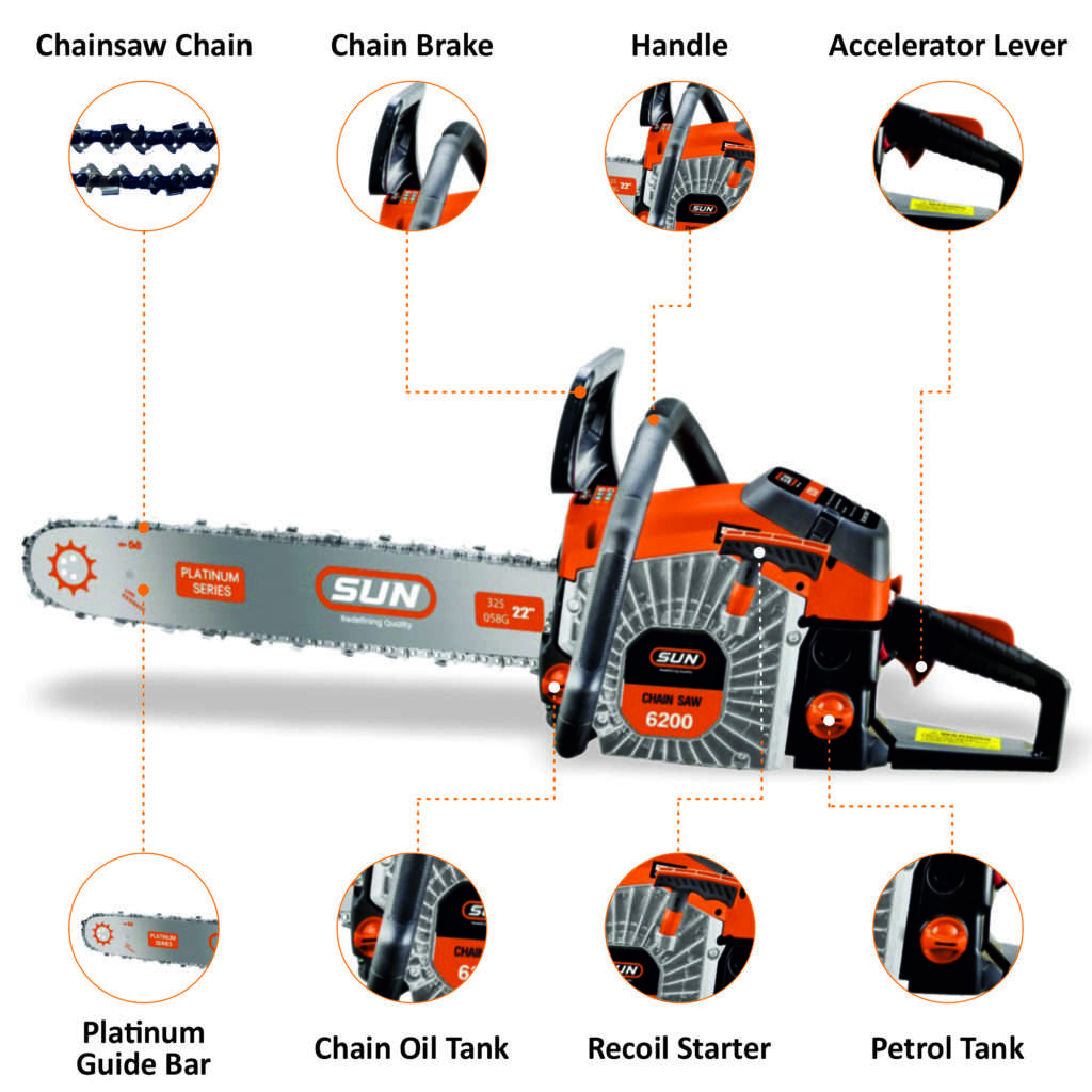 SUN 6200 Chain Saw with 62 CC, 2 Stroke Petrol Engine Power - BSC Power ...